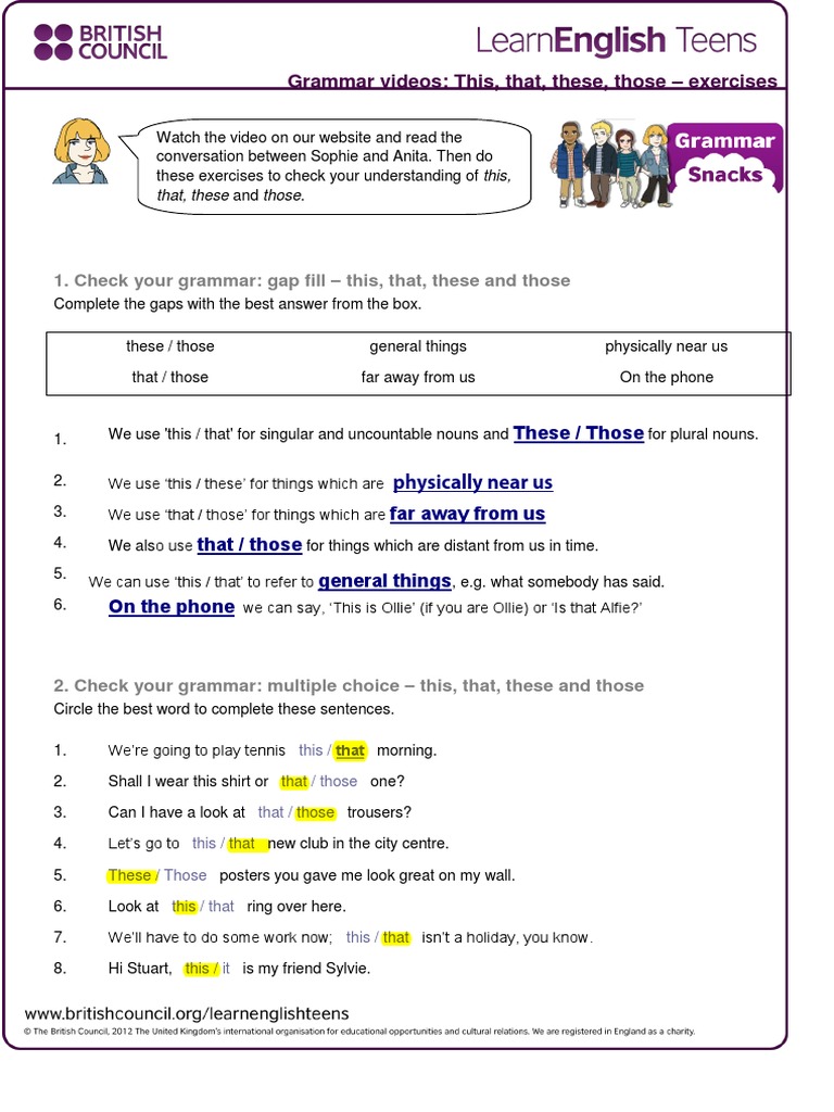 Grammar Videos: This, That, These, Those - Exercises | PDF