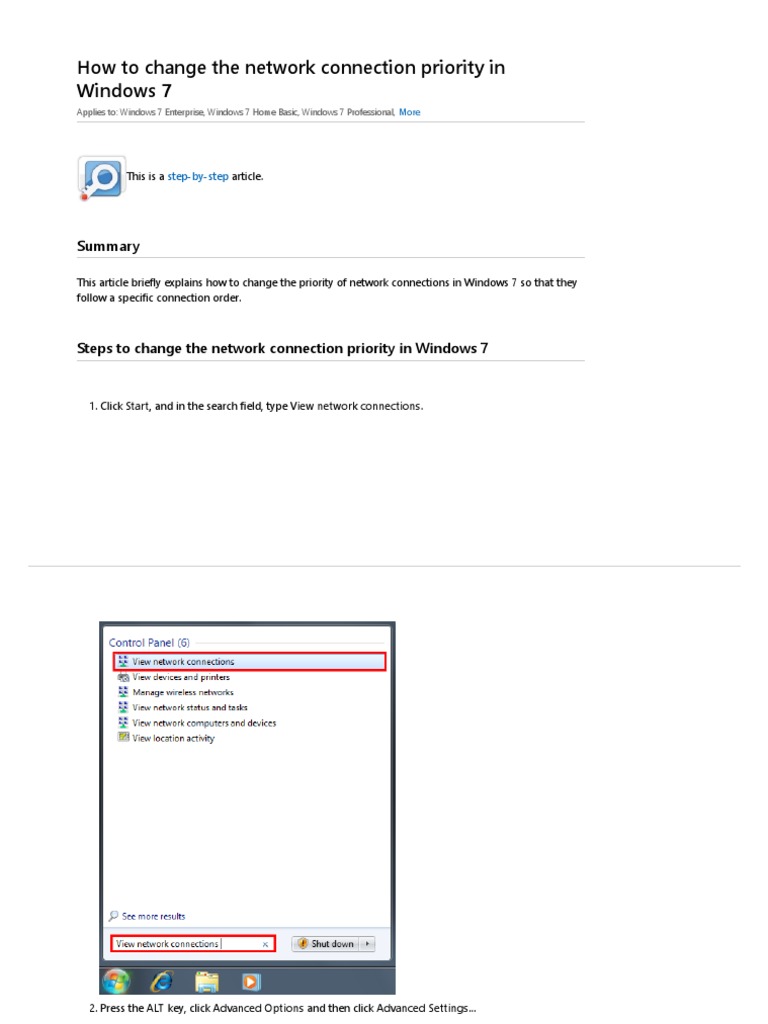 How To Change The Network Connection Priority in Windows 7 | PDF ...