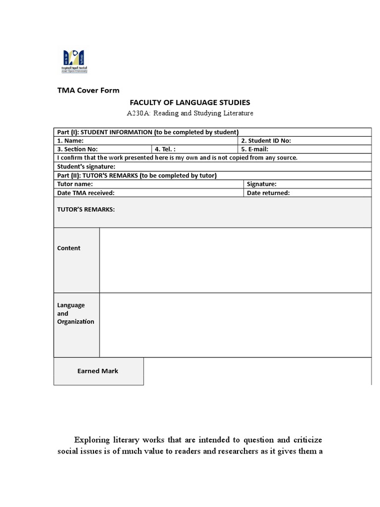 TMA Cover Form Faculty of Language Studies: A230A: Reading and Studying ...