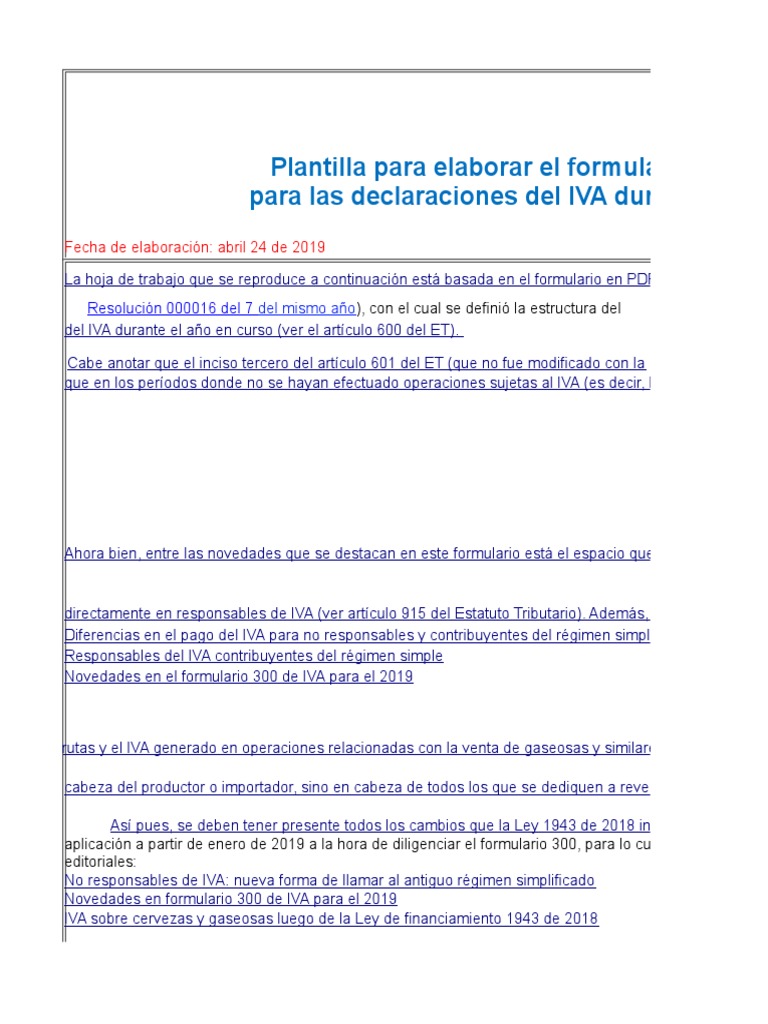 Plantilla para Elaborar El Formulario 300 para Las Declaraciones Del ...
