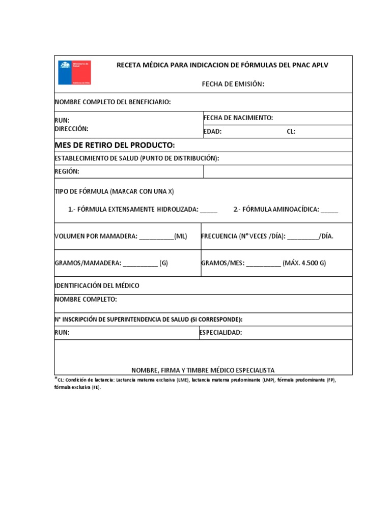 Receta médica para la indicación de fórmulas del Plan Nacional de ...