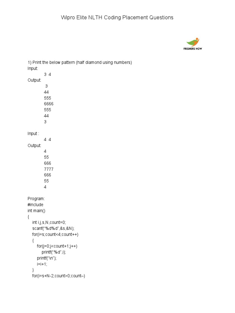 Wipro Elite NLTH Coding Placement Questions | PDF | Applied Mathematics ... Wipro Elite NLTH Coding Placement Questions | PDF | Applied Mathematics ...