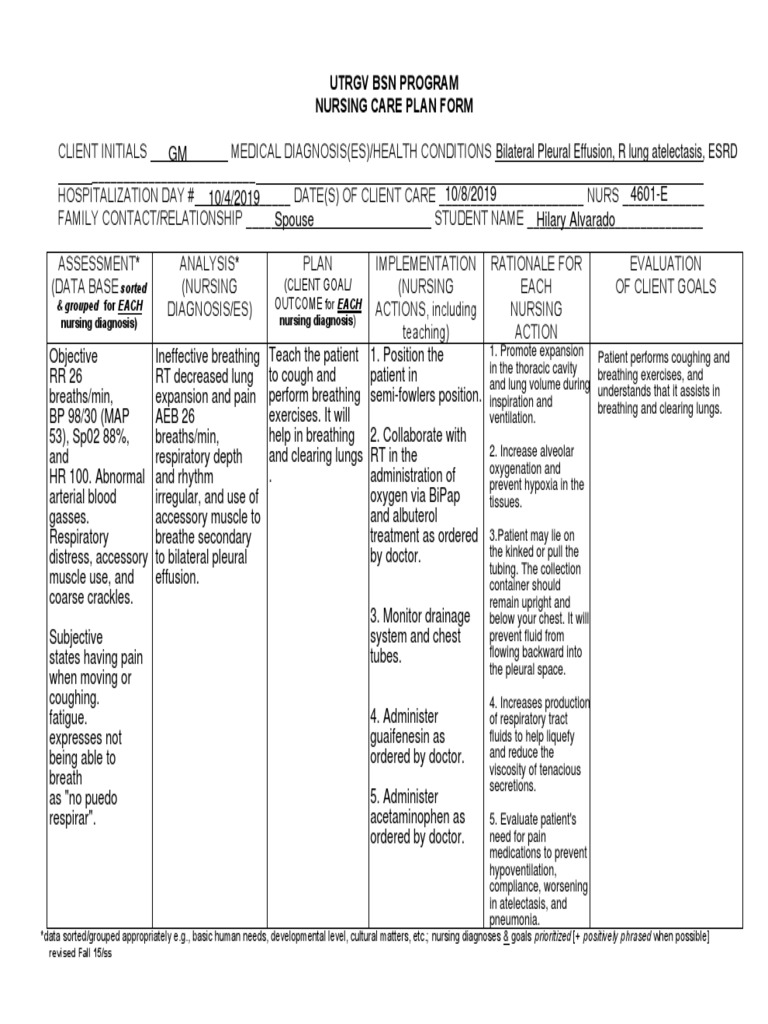 Utrgv BSN Program Nursing Care Plan Form: Bilateral Pleural Effusion, R ...