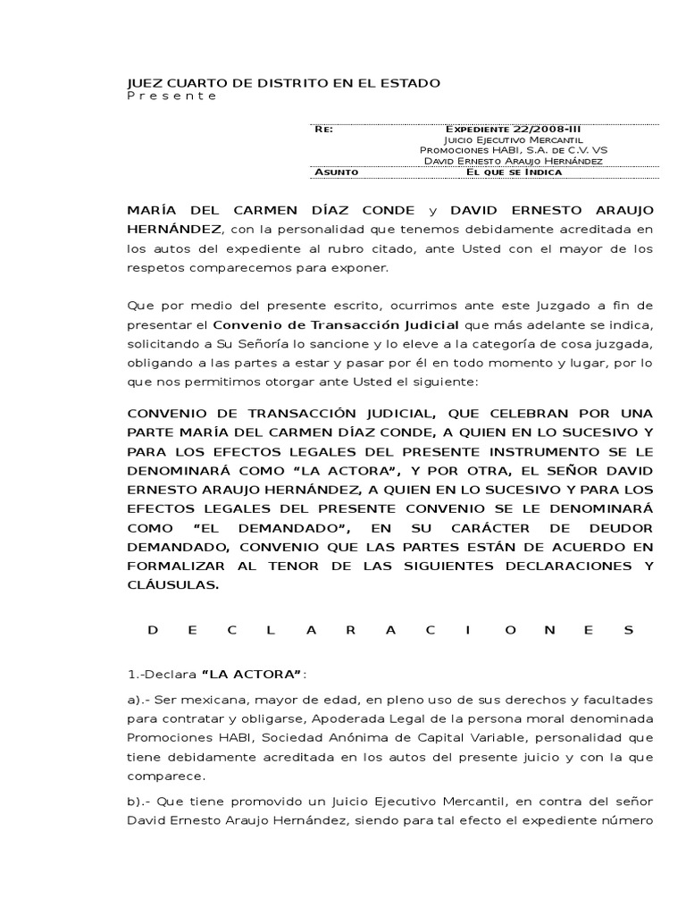 Convenio de Transaccion Judicial Juicio Ejecutivo Mercantil | PDF | México | Instituciones sociales