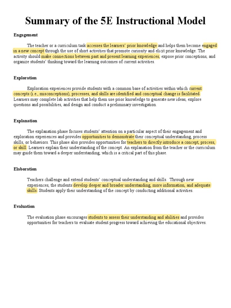 Summary of The 5E Instructional Model: Engagement | PDF | Understanding ...