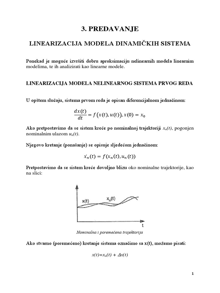 Automatizacija - Predavanje 3 - Linearizacija Modela Dinamickih Sistema | PDF