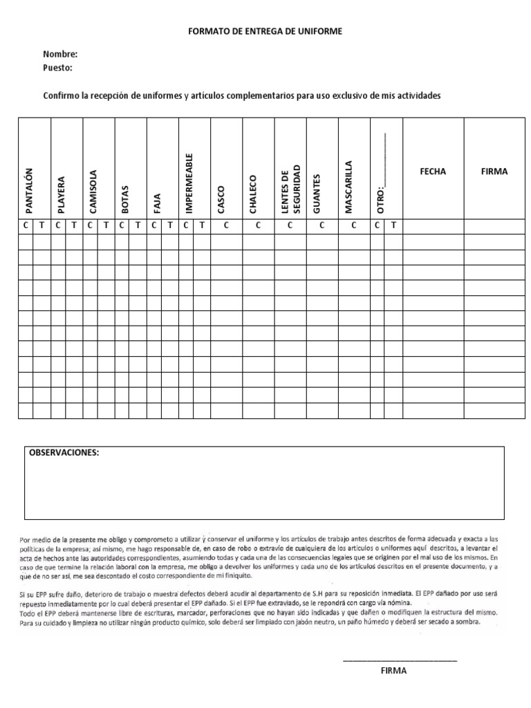 Formato de Entrega de Uniformes | PDF