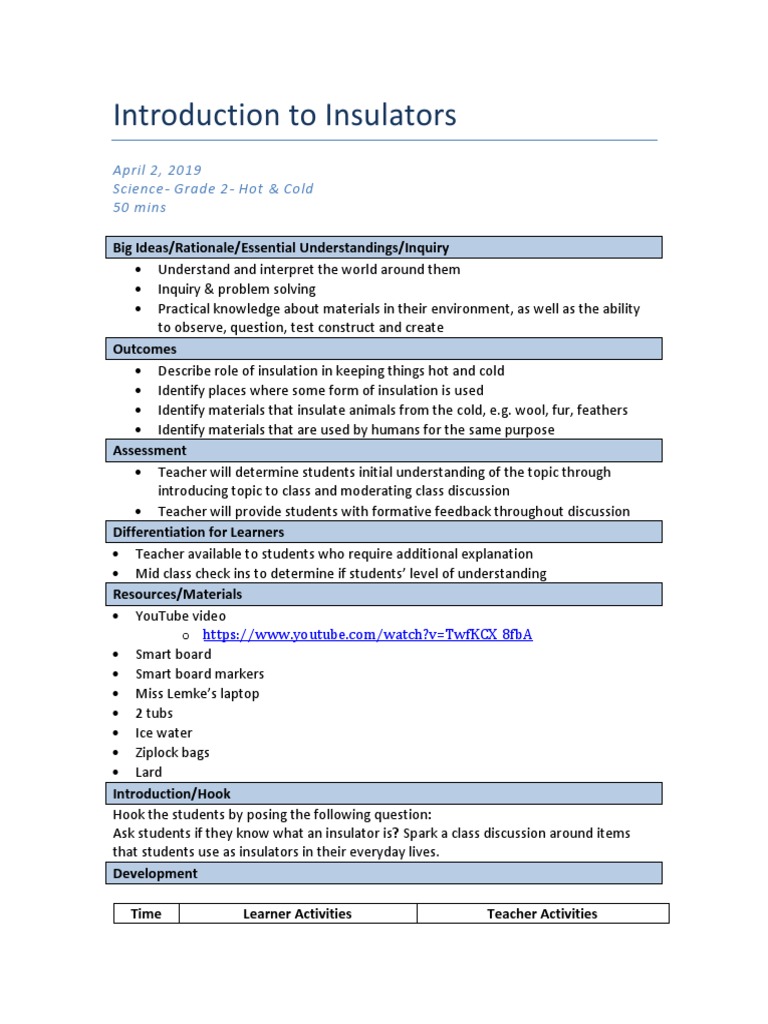Educ 465 - Science - H C - Day 1 - Lesson - Intro To Insulation | PDF ...