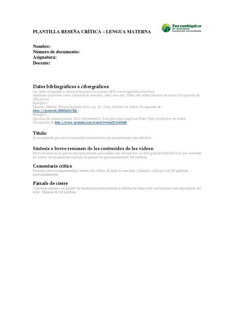 Plantilla Reseña Crítica LenguaMaterna TdeA 2019-2 | PDF