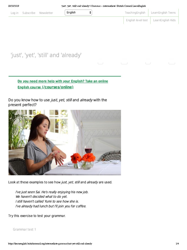 'Just', 'Yet', 'Still' and 'Already' - Grammar - Intermediate - British ...