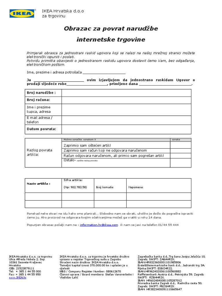 Obrazac Za Povrat Narudzbe | PDF