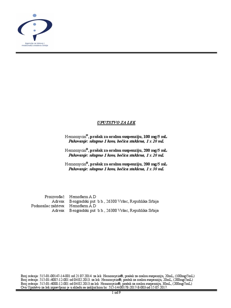 Uputstvo Za Lek: Hemomycin | PDF
