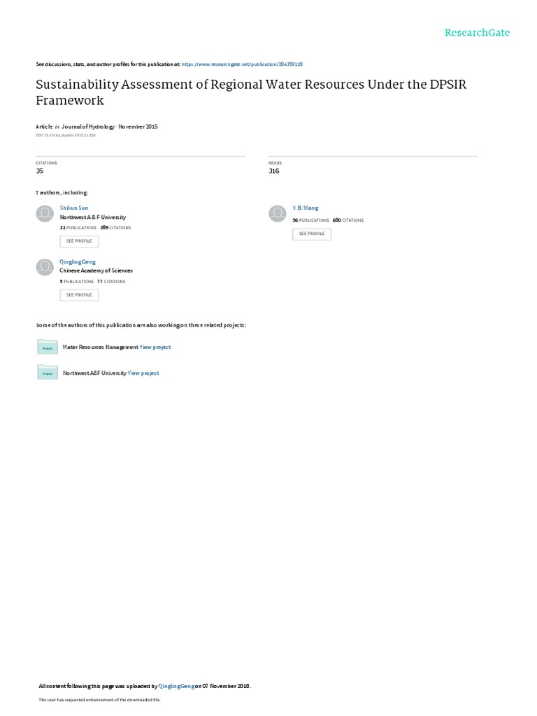 Sustainability Assessment of Regional Water Resources Under The DPSIR Framework | PDF | Water ...