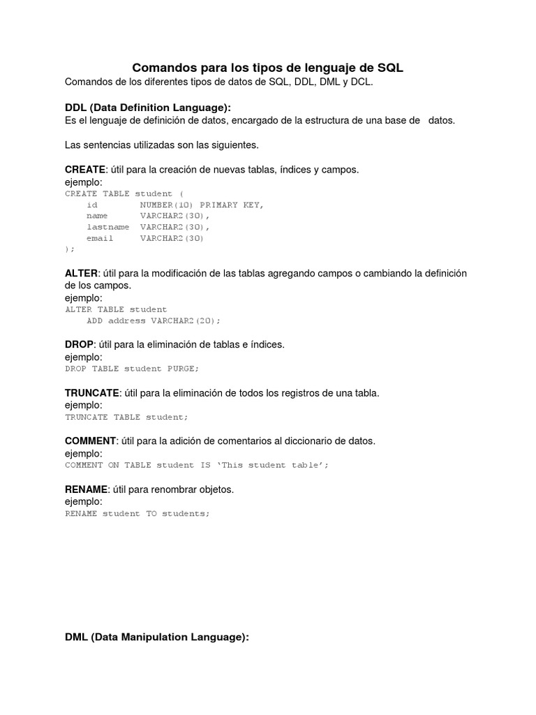 Comandos para Los Tipos de Lenguaje de SQL | PDF