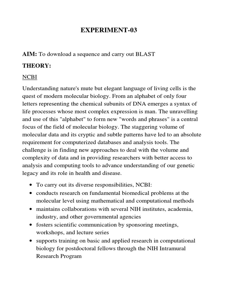 Experiment-03: AIM: To Download A Sequence and Carry Out BLAST Theory ...