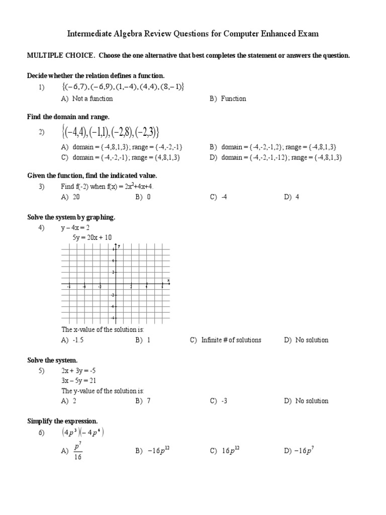 Intermediate Algebra Review Questions For Computer Enhanced Exam | PDF ...