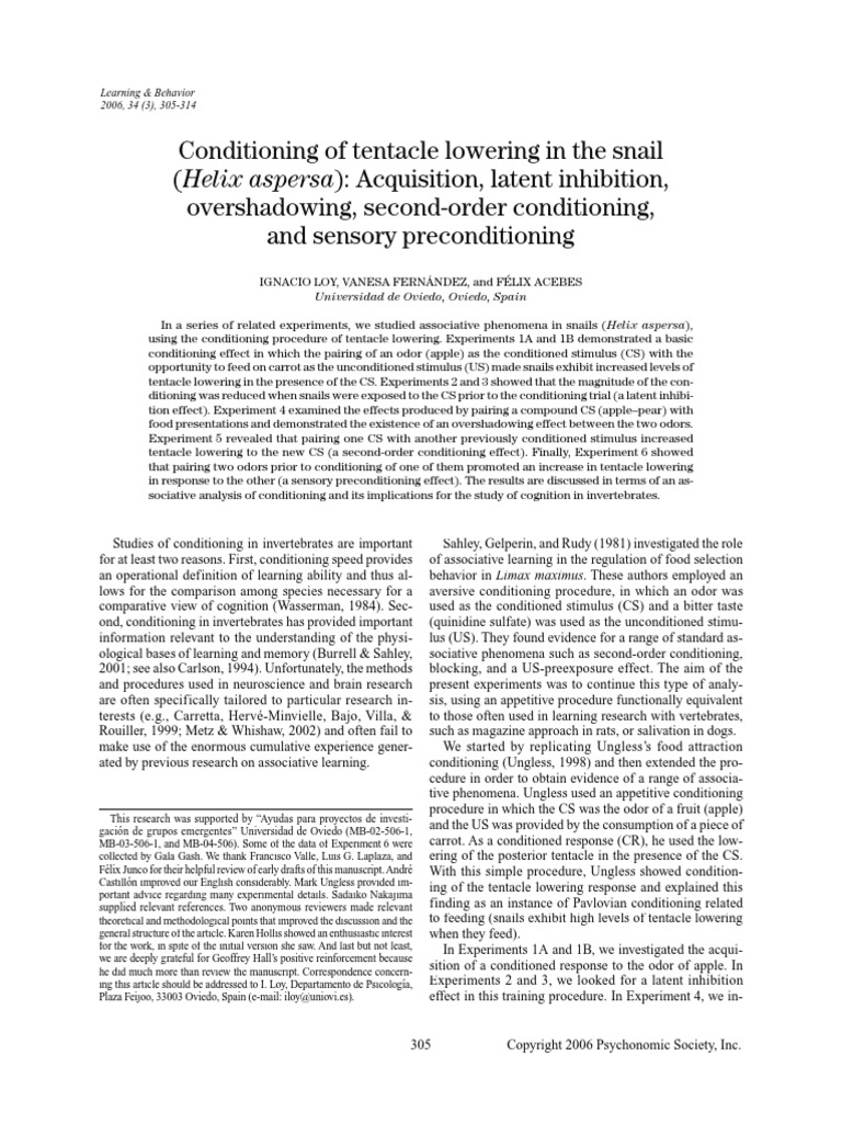 Conditioning of Tentacle Lowering in The Snail (Helix Aspersa) : Acquisition, Latent Inhibition ...