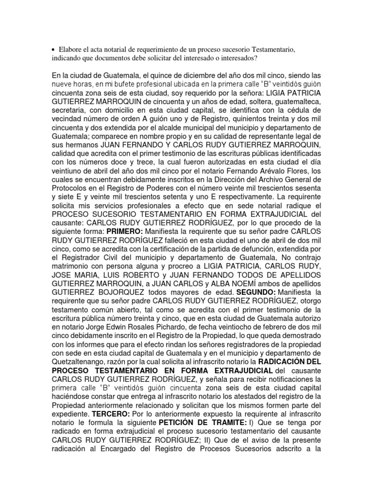 Elabore El Acta Notarial De Requerimiento De Un Proceso Sucesorio