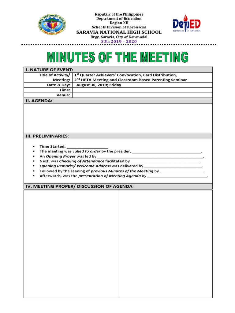 Minutes of The Meeting Template 1st Quarter Achievers Convocation Card ...