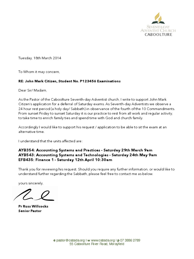 John Citizen Sabbath Exam Letter 1 | PDF