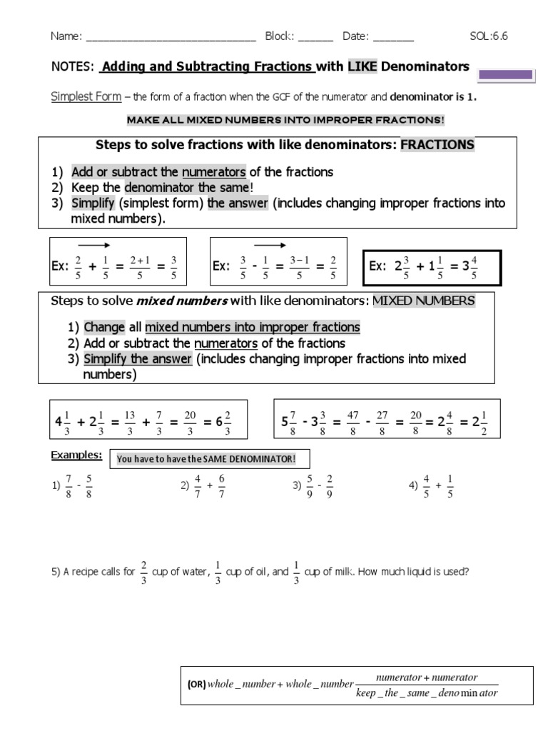 add and subtract fractions notes like and unlike | Fraction ...