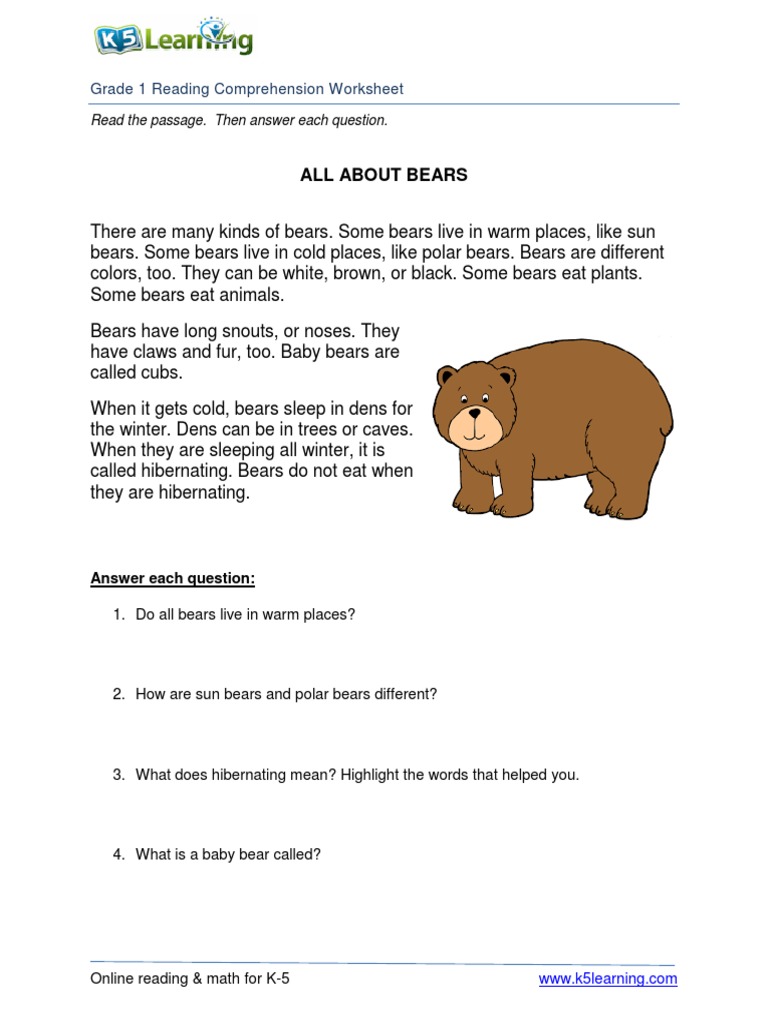 All About Bears: Grade 1 Reading Comprehension Worksheet | PDF
