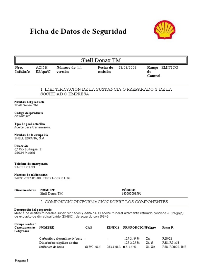 A-01 Aceite Shell Donax TM (Shell) | PDF | Toxicidad | Agua