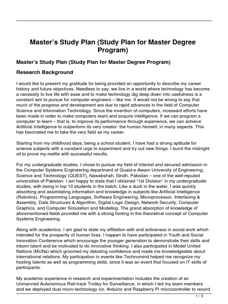 Masters Study Plan Study Plan For Master Degree Program | PDF ...