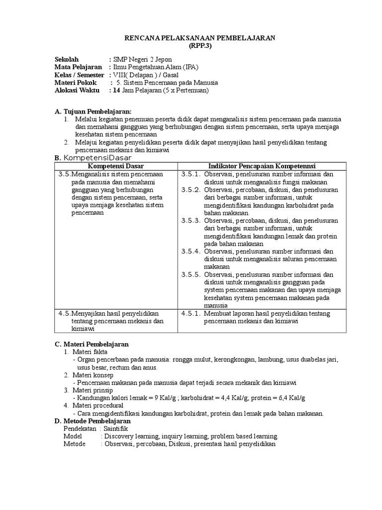 RPP 5. Sistem Pencernaan Pada Manusia | PDF