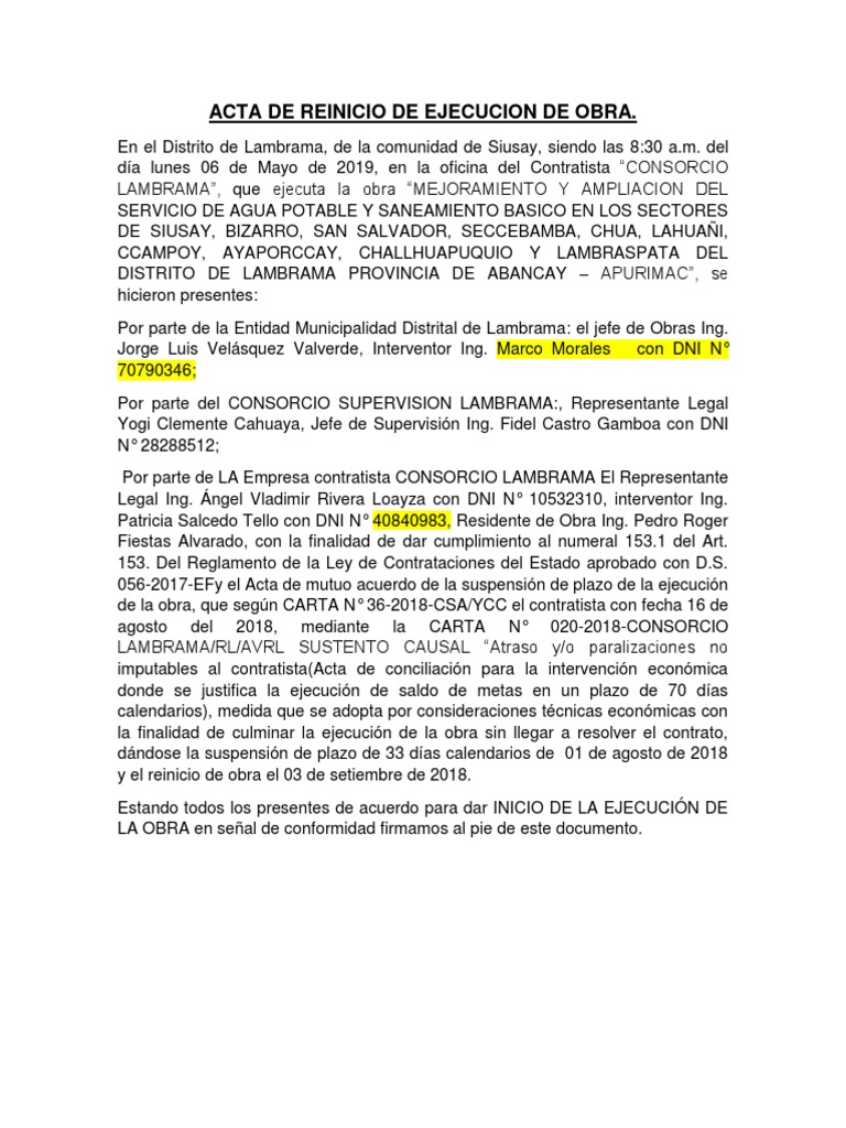 Acta de Reinicio de Ejecucion de Obra | PDF