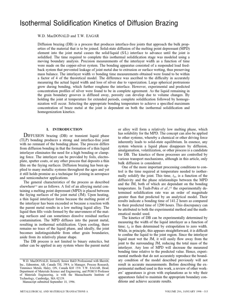 MacDonald 1998 Isothermal Solidification Kinetics of Diffusion Brazing | PDF | Crystallite ...