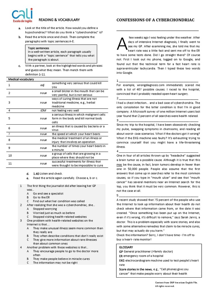 "Confessions of A Cyberchondriac" - Reading Activity For ESL Classes ...