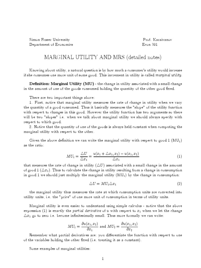MARGINAL UTILITY AND MRS (Detailed Notes) | PDF | Derivative | Utility
