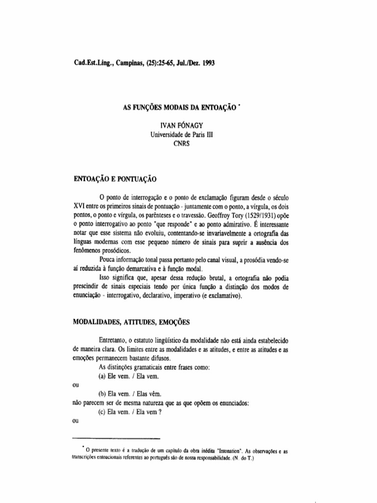 FONAGY, Ivan. As Funçoes Modais Da Entoação PDF | PDF