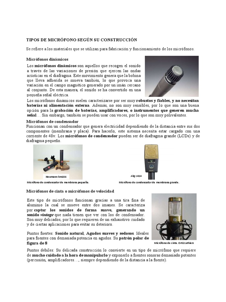 Tipos de Micrófono: Guía Completa | PDF | Micrófono | Electrónica