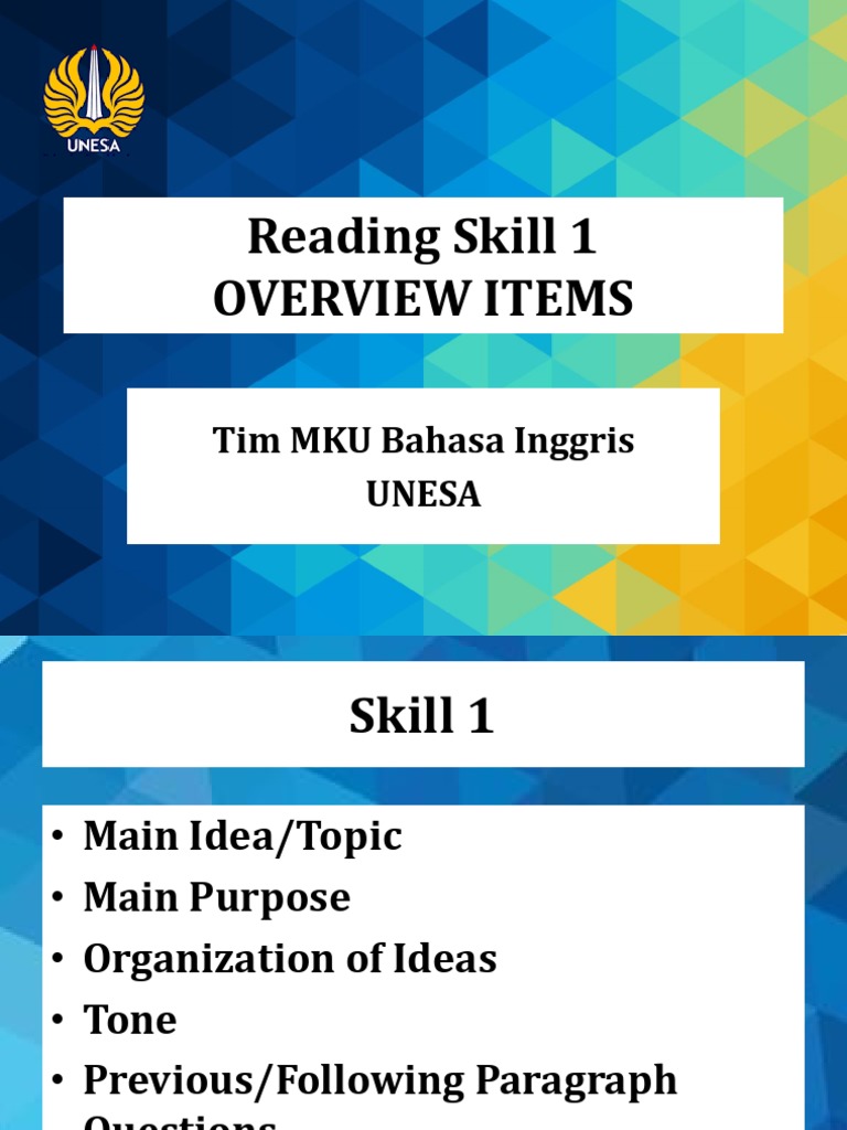 Reading Skill 1 Overview Items: Tim MKU Bahasa Inggris Unesa | PDF | Question | Paragraph