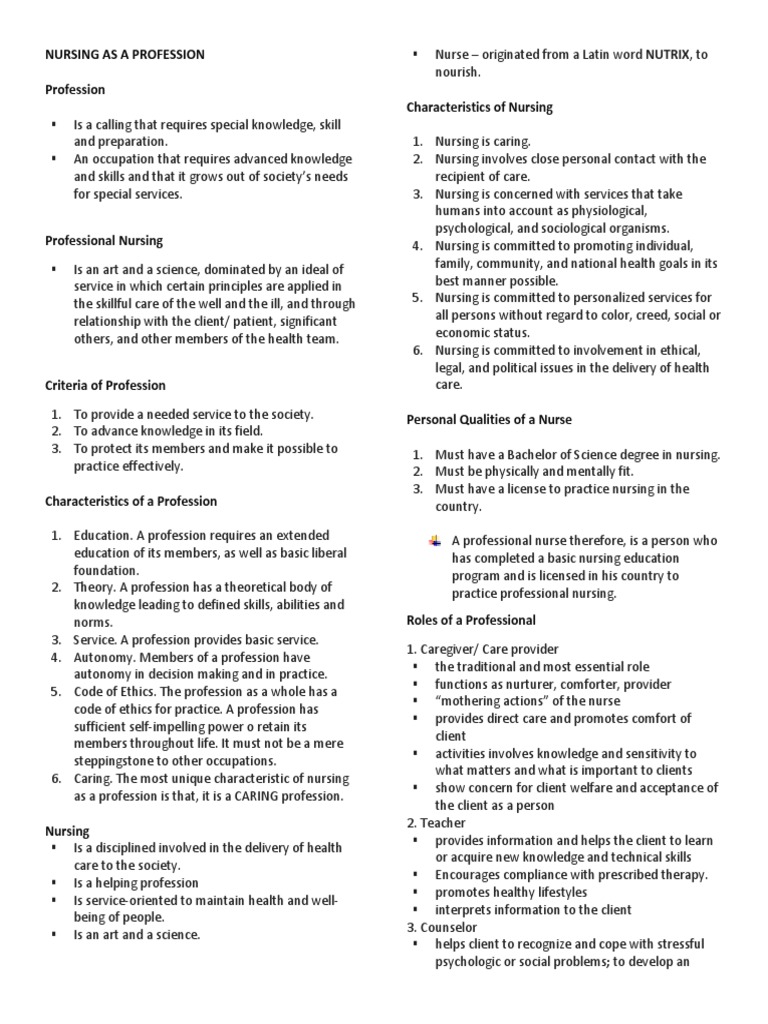 Nursing As A Profession Profession Characteristics of Nursing | PDF ...
