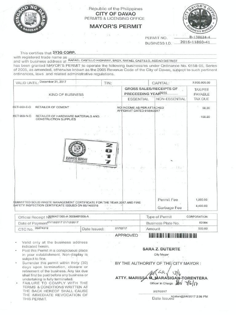 3y3g Corp 2017 Mayor's Permit | PDF