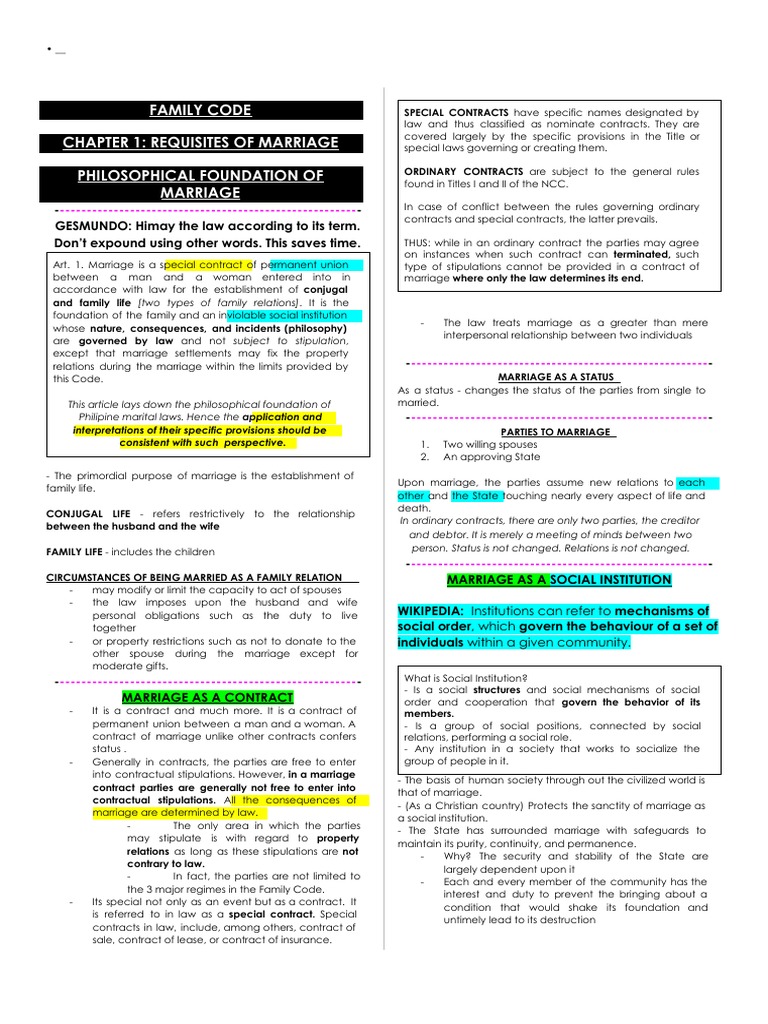 Family Code - Chapter 1 Requisites of Marriage | PDF | Annulment | Marriage
