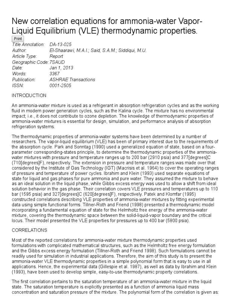 New Correlation Equations For Ammonia-Water Vapor-Liquid Equilibrium ...