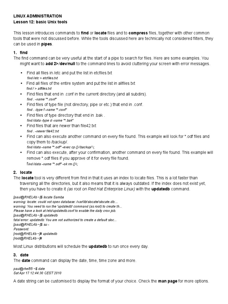 Linux Administration Lesson 12: Basic Unix Tools | Download Free PDF ...