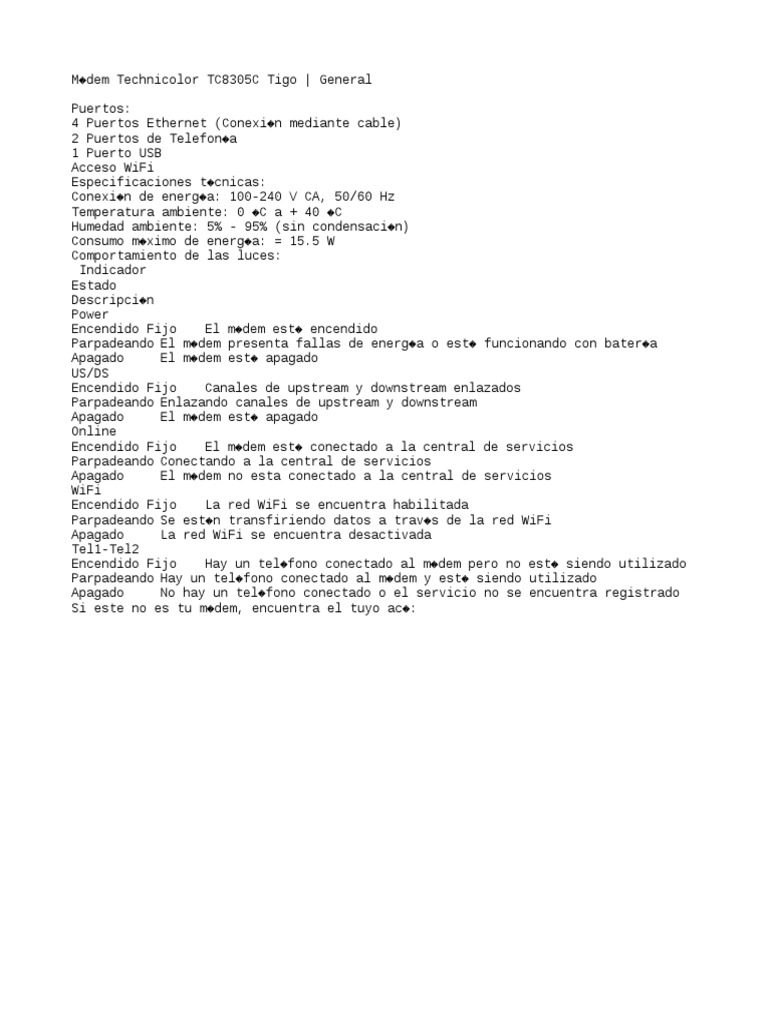 Especificaciones del módem TC8305C Tigo | PDF