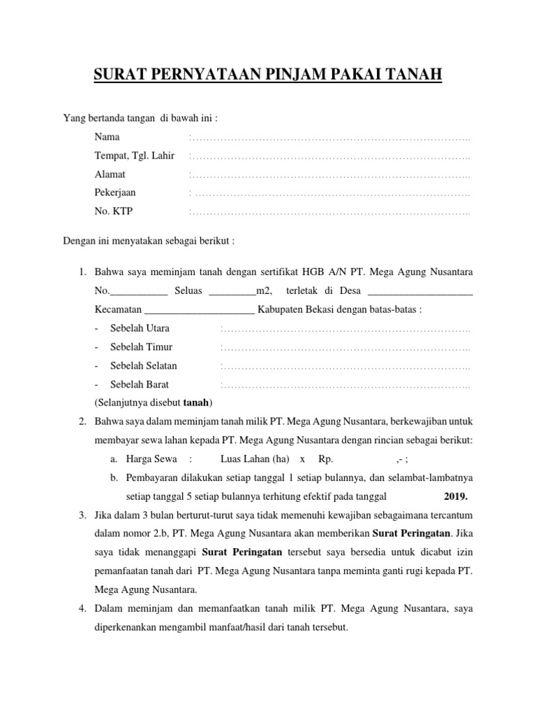 SURAT PERNYATAAN Pinjam Pakai Tanah Garapan | PDF