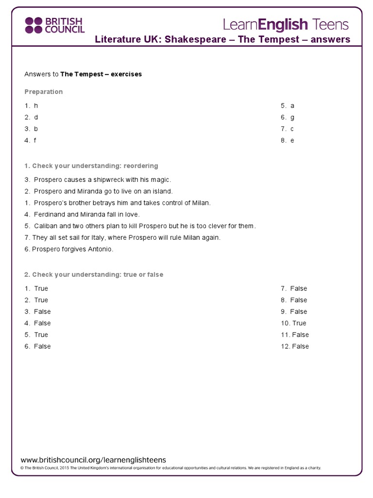 The Tempest: Answer Key & Exercises | PDF