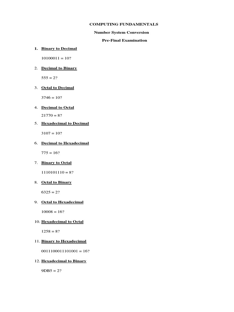 Computing Fundamentals Number System Conversion Pre-Final Examination 1 ...