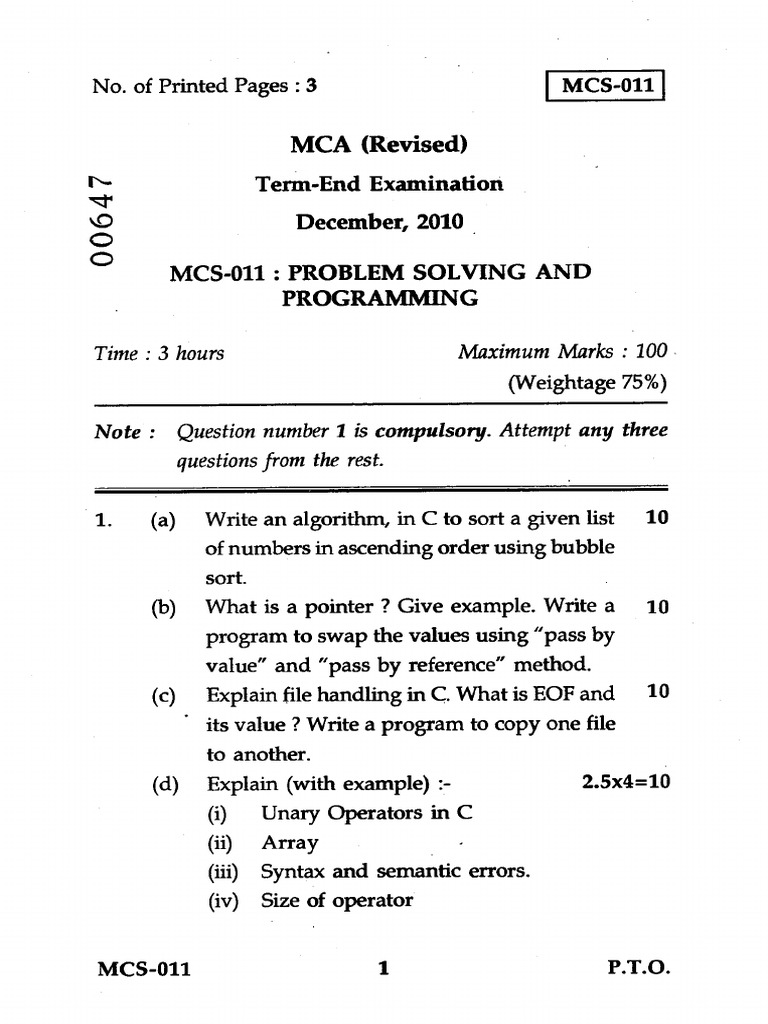 IGNOU MCS-011 Previous Years Questions | PDF | C (Programming Language) | Pointer (Computer ...