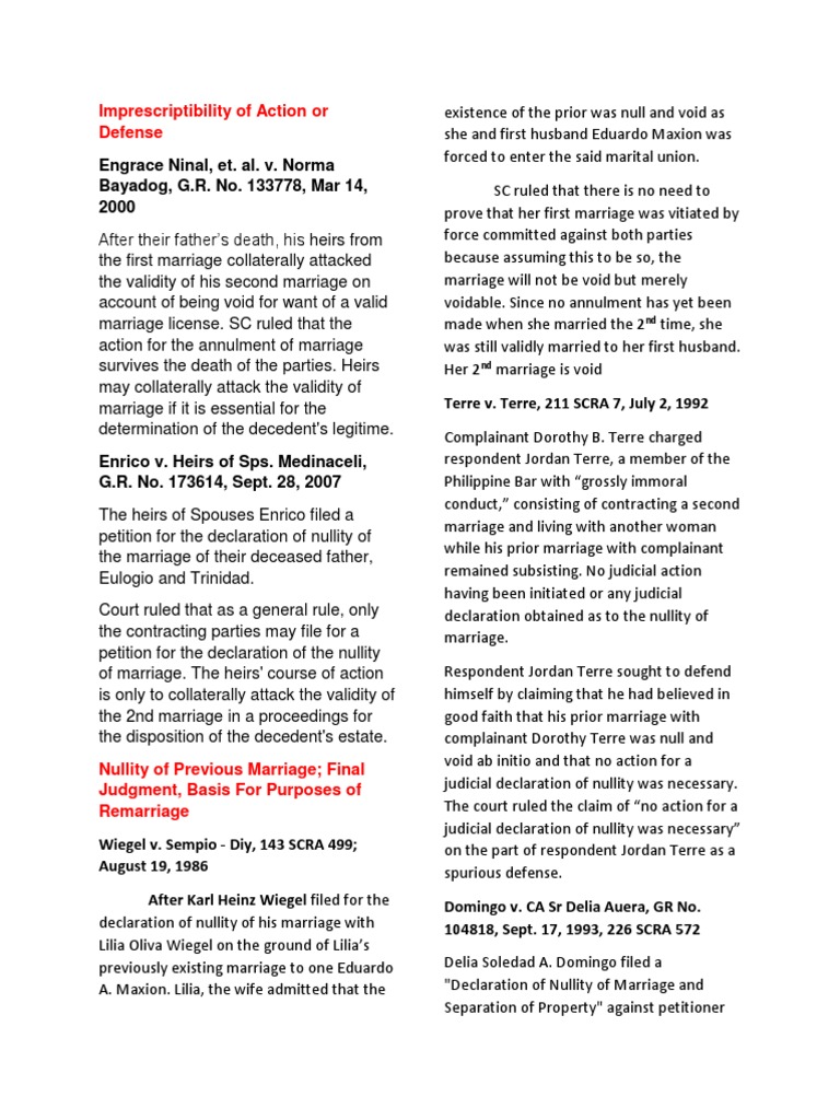 Imprescriptibility of Action or Defense | PDF | Annulment | Marriage