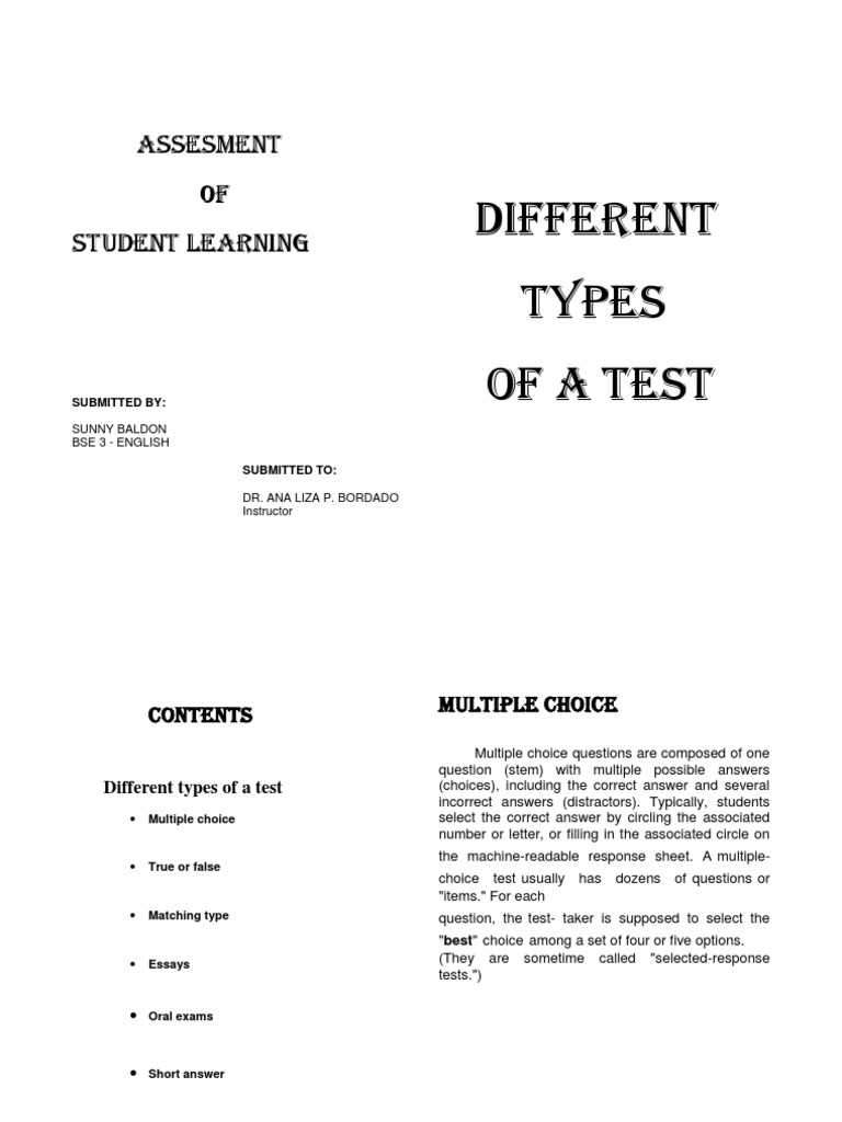 Different types of a test: Assesment OF Student Learning | Multiple ...