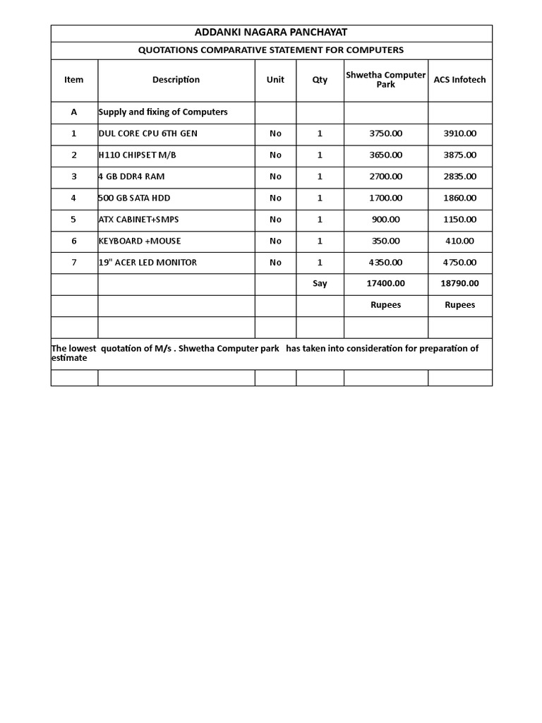 Quotations Comparative Statement For Computers: Addanki Nagara ...