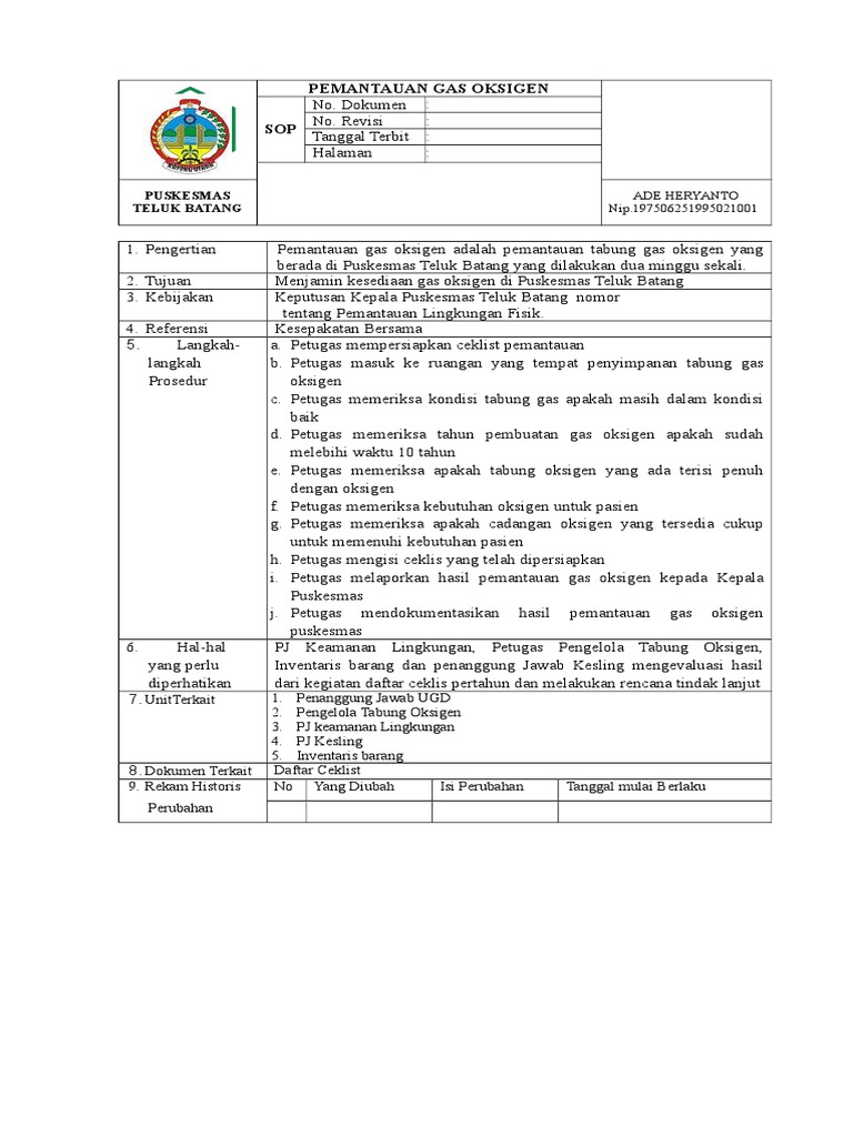 8.5.1.2 Sop Pemantau GAS OKSIGEN | PDF